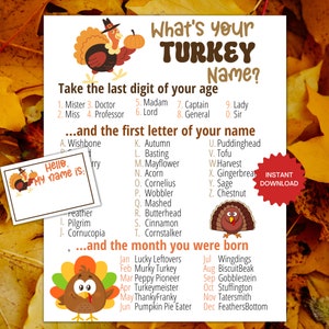 What's Your Turkey Name Game WITH NAMETAGS + SIGN, Thanksgiving Game ...