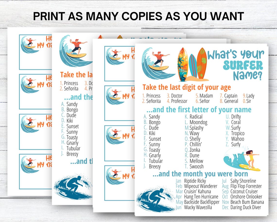 What's Your Surfer Name Game WITH NAMETAGS + Sign,beach Vacation Party ...