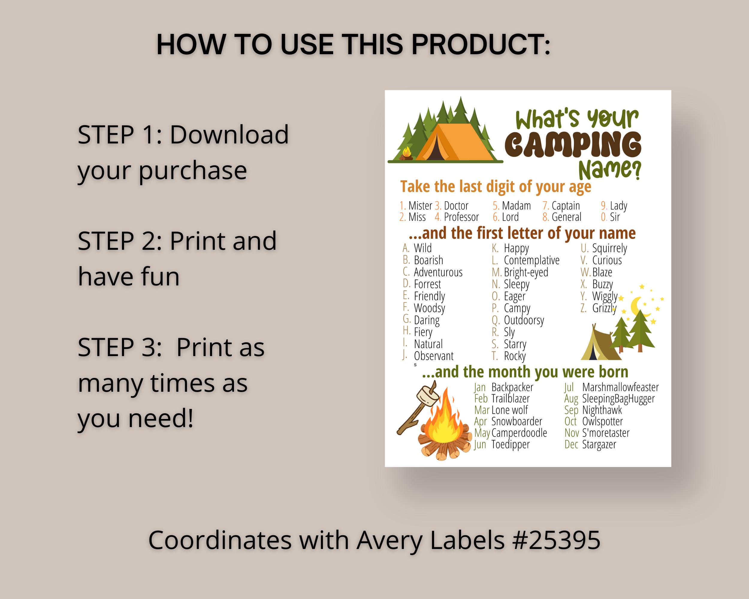 What's Your Camping Name Game WITH NAMETAGS + SIGN, Camping Birthday ...
