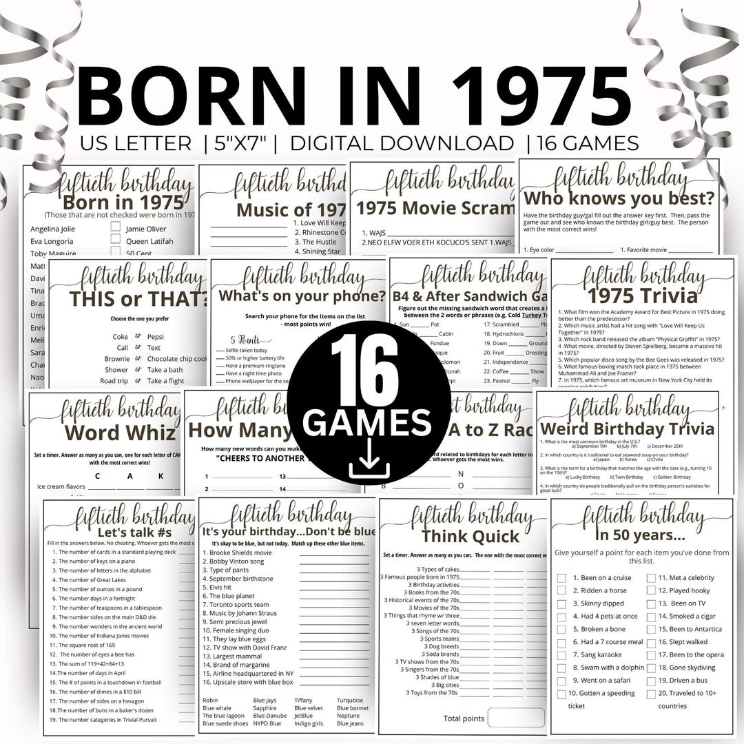 50th Birthday Party Games, Born in 1975 Game, 1975 Birthday Games, 50th ...