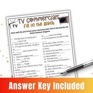 TV Commercial Trivia Game, Ad Slogan Fill in the Blank Quiz, Printable ...