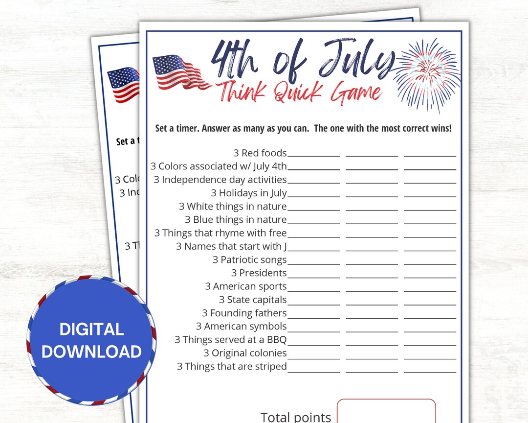 4th of July Think Quick Game, 4th of July Activity, Independence Day ...