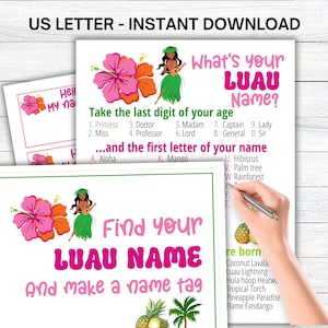 What's Your Luau Name Game WITH NAMETAGS + SIGN, Hawaiian Party Game ...