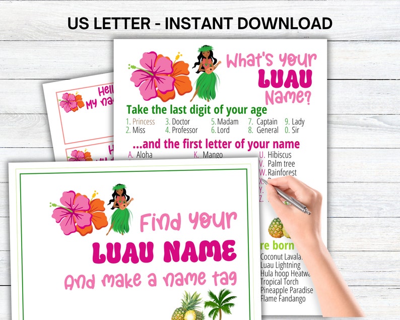 What's Your Luau Name Game WITH NAMETAGS + SIGN, Hawaiian Party Game ...
