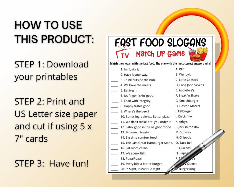 Fast Food Slogan Trivia Game,ad Slogan Match up Quiz,printable TV ...