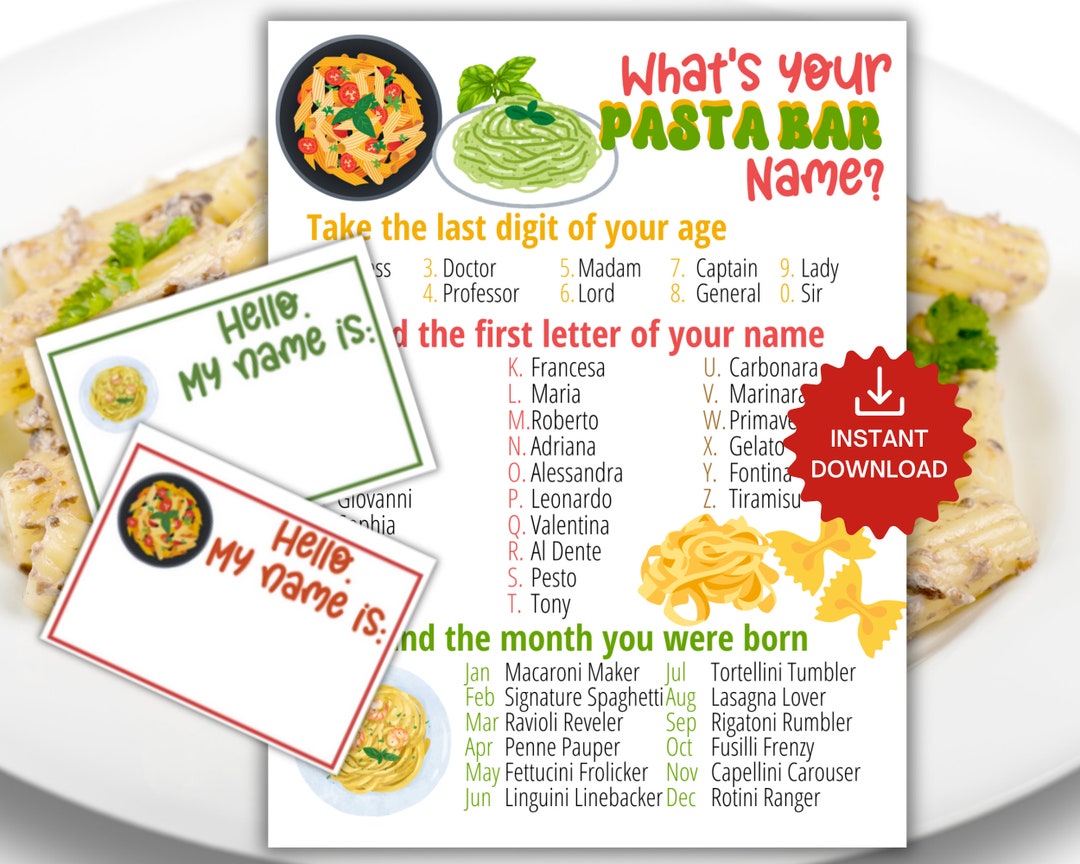What's Your Pasta Bar Name Game WITH NAMETAGS +SIGN, Pasta Dinner Party ...