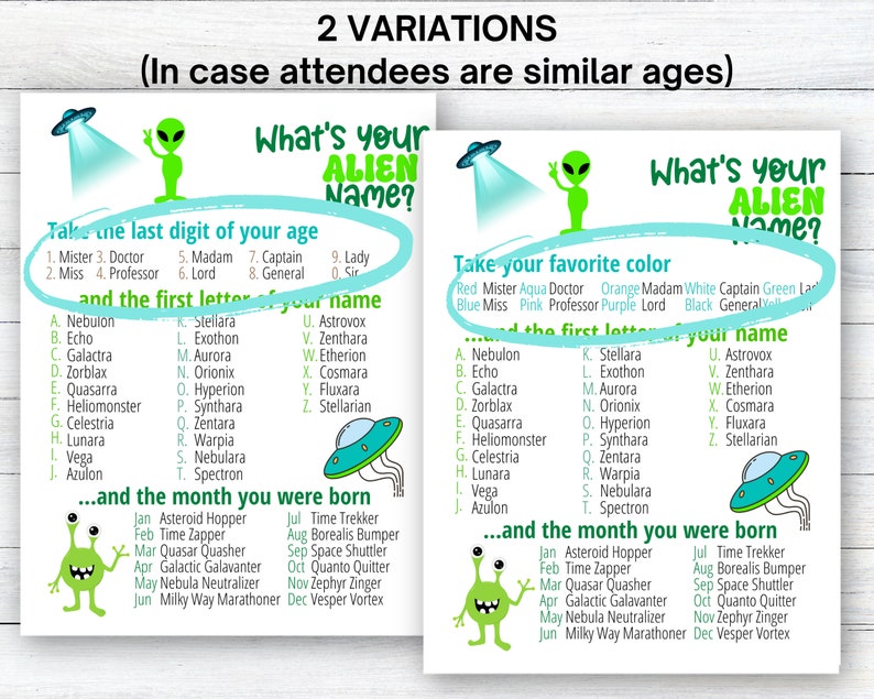 What's Your Alien Name Game With NAMETAGS + SIGN, Alien ...