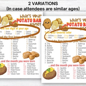 What's Your Potato Bar Name Game WITH NAMETAGS +sign,baked Potato Bar ...