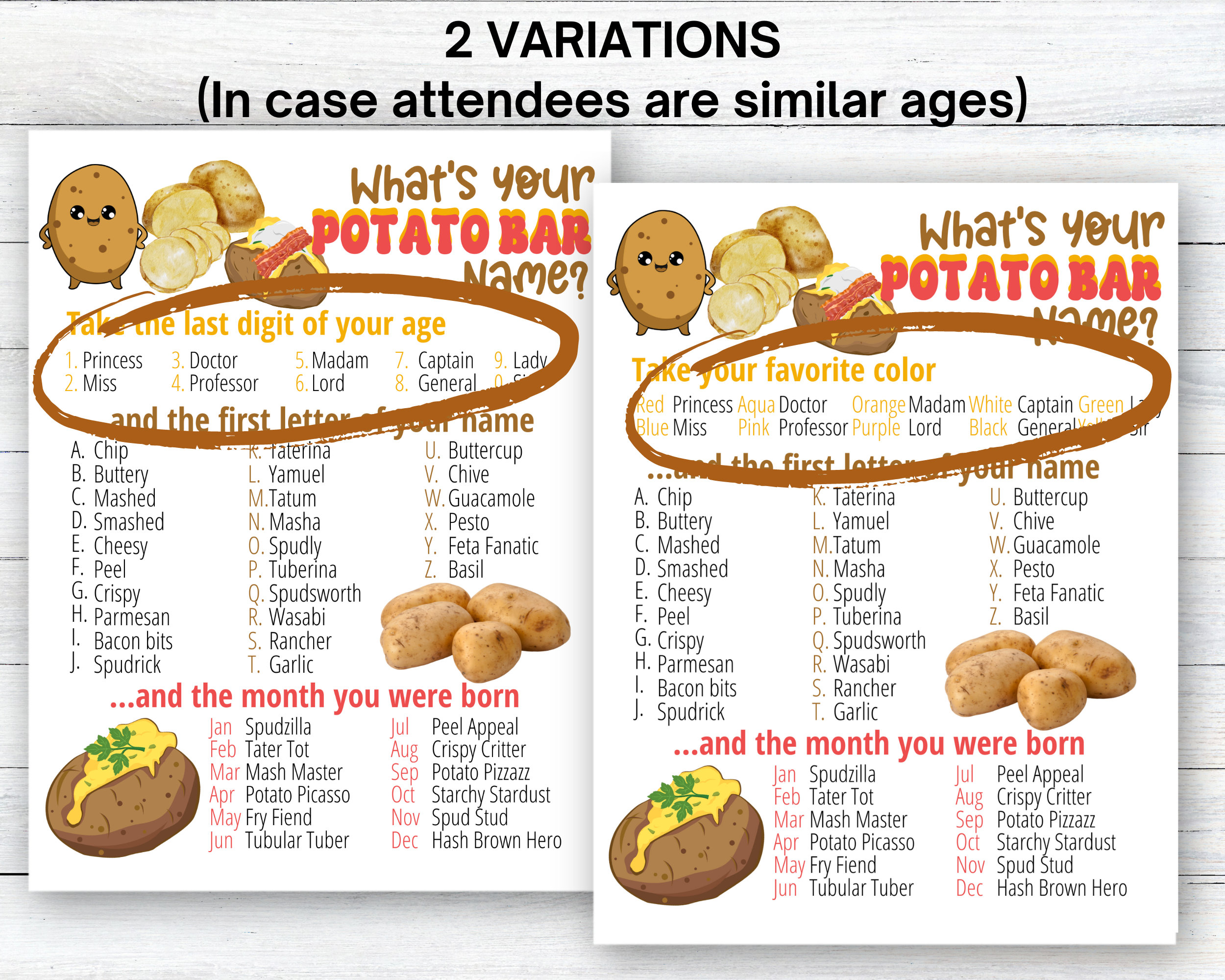 What's Your Potato Bar Name Game WITH NAMETAGS +sign,baked Potato Bar ...