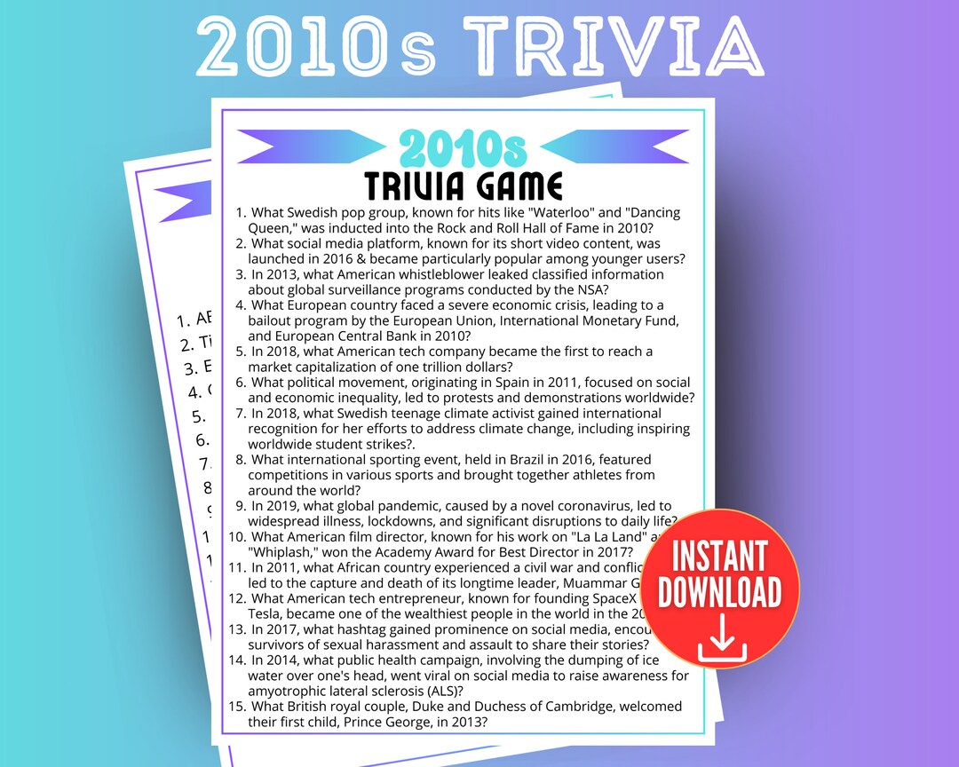2010s Decade Trivia Game, Trivia Questions, 10s Trivia Quiz, 2010s ...