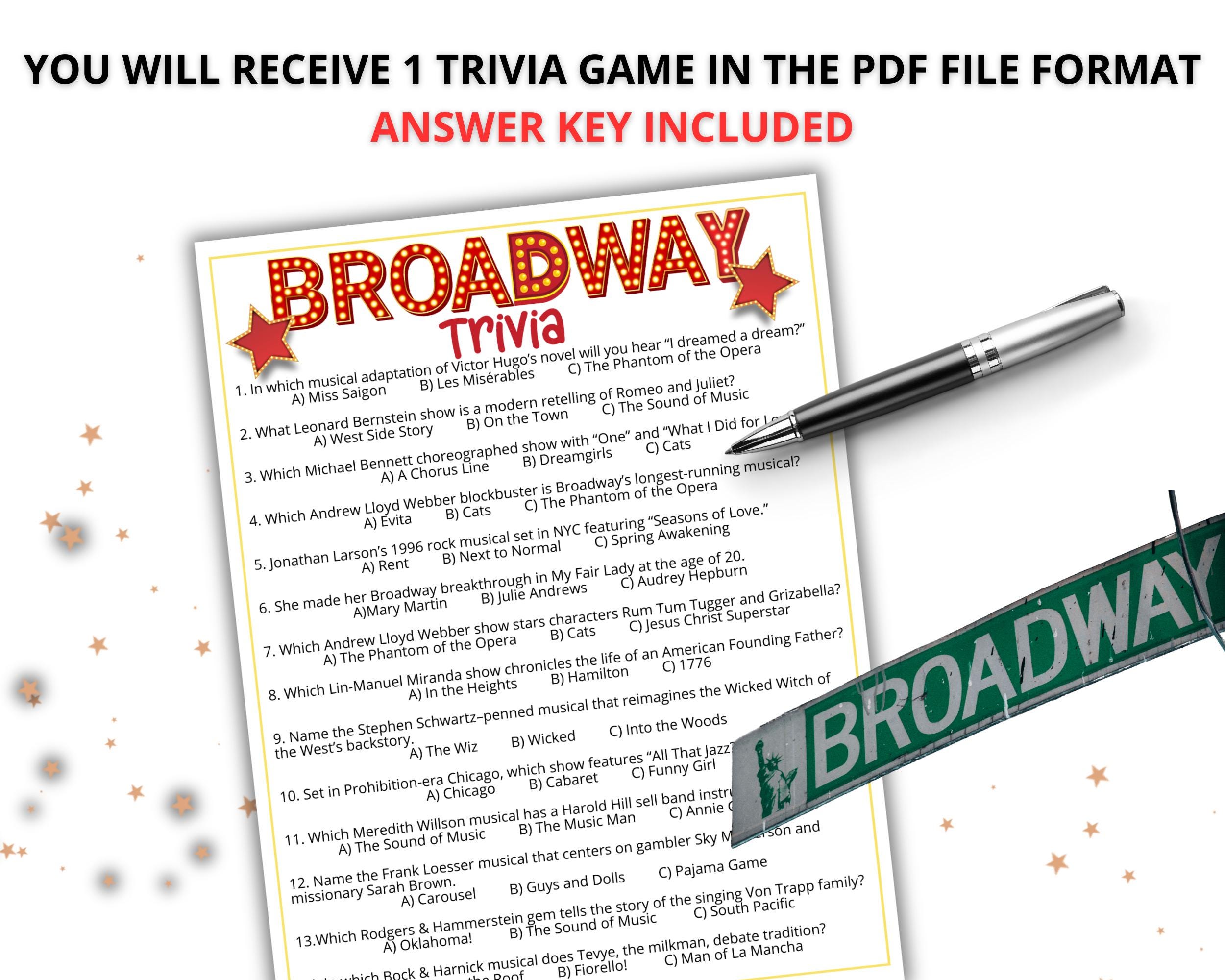 Broadway Musical Trivia Game, Musical Theater Quiz, Broadway Song ...
