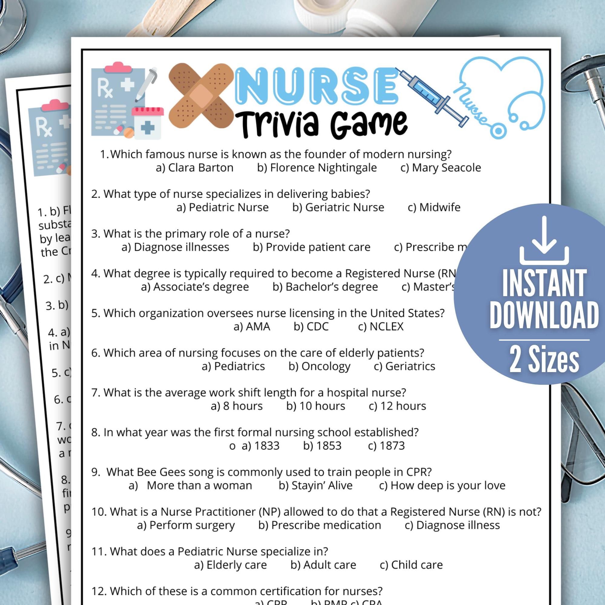 Nurse Trivia Game, Printable Nurse Appreciation Game, Medical Hospital ...