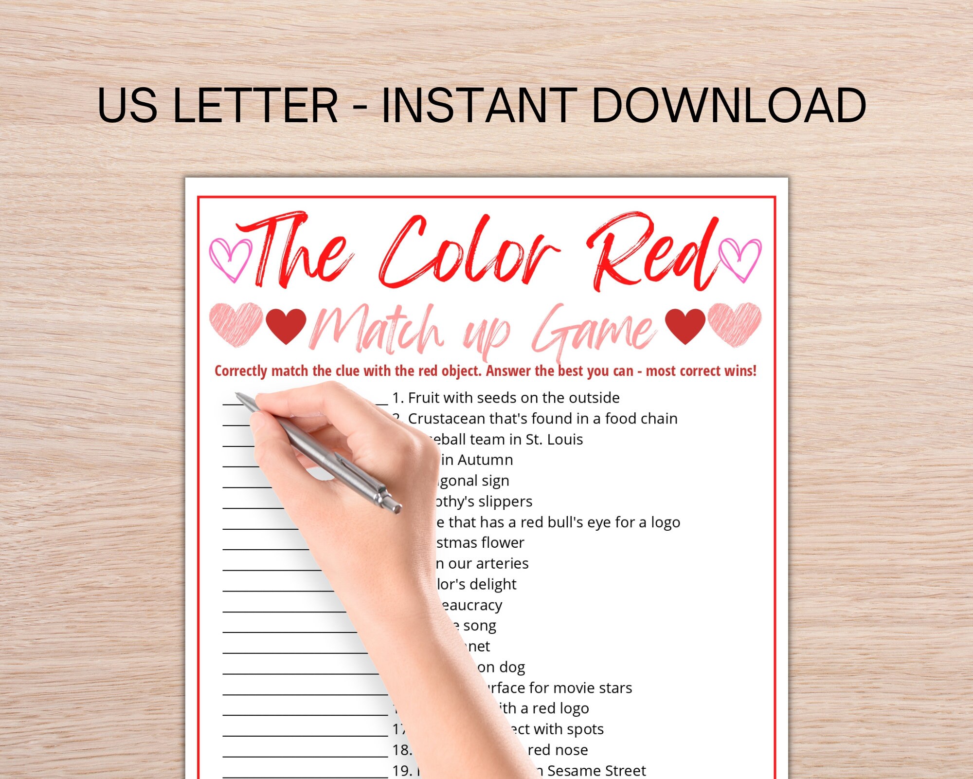 The Color Red Game, Valentine's Day Trivia, Trivia Game Printable PDF ...