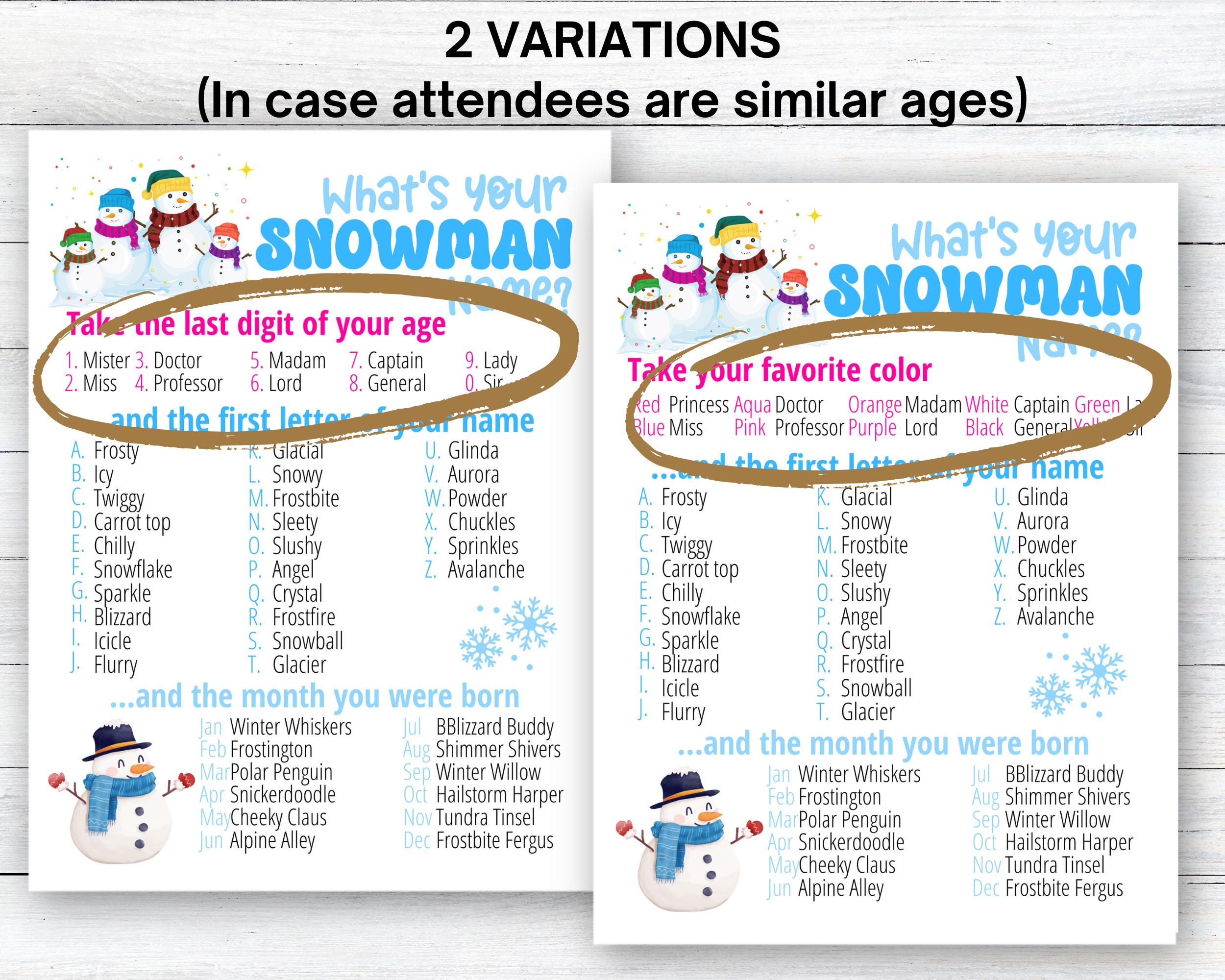 What's Your Snowman Name Game WITH NAMETAGS + SIGN, Winter Christmas ...
