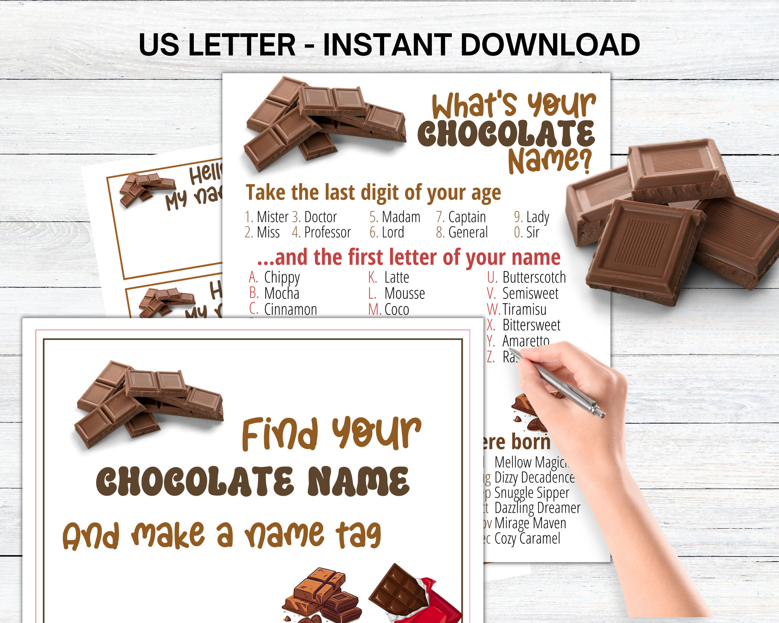 What's Your Chocolate Name Game WITH NAMETAGS + SIGN, Chocolate Party ...