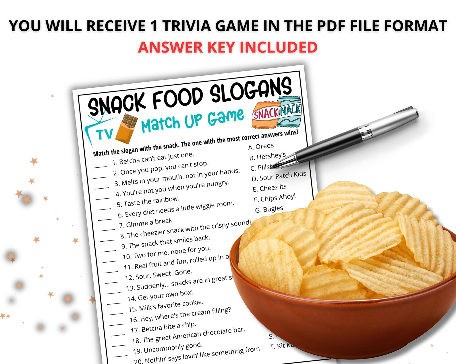 Snack Food Slogan Trivia Game,ad Slogan Match up Quiz,printabletv ...