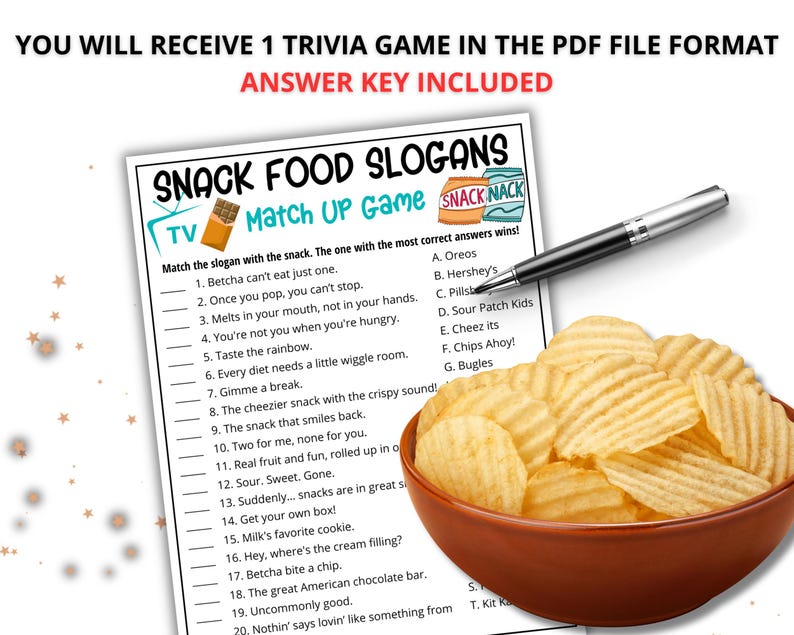 Snack Food Slogan Trivia Game,ad Slogan Match up Quiz,printabletv ...