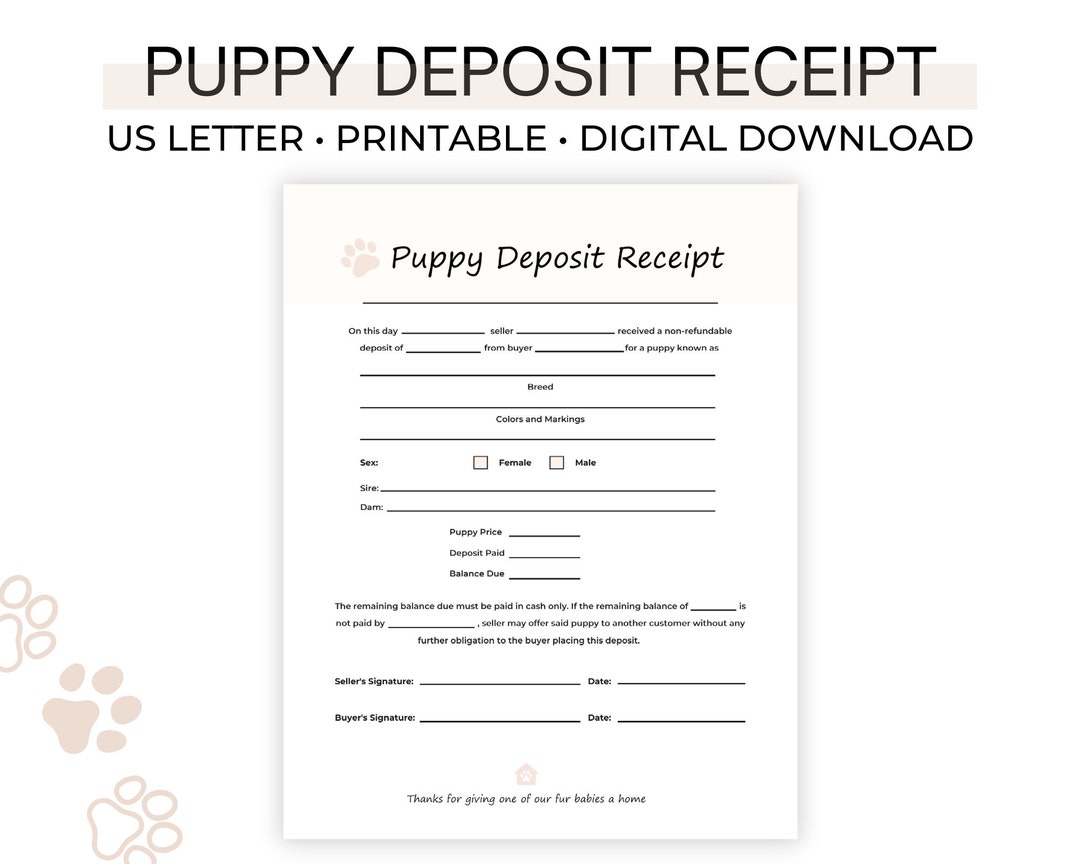 Puppy Deposit Receipt Dog Breeder Forms Printable PDF - Etsy