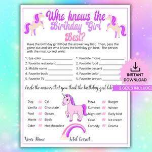 Unicorn Birthday Party Game, Who Knows the Birthday Girl Best, Girl ...