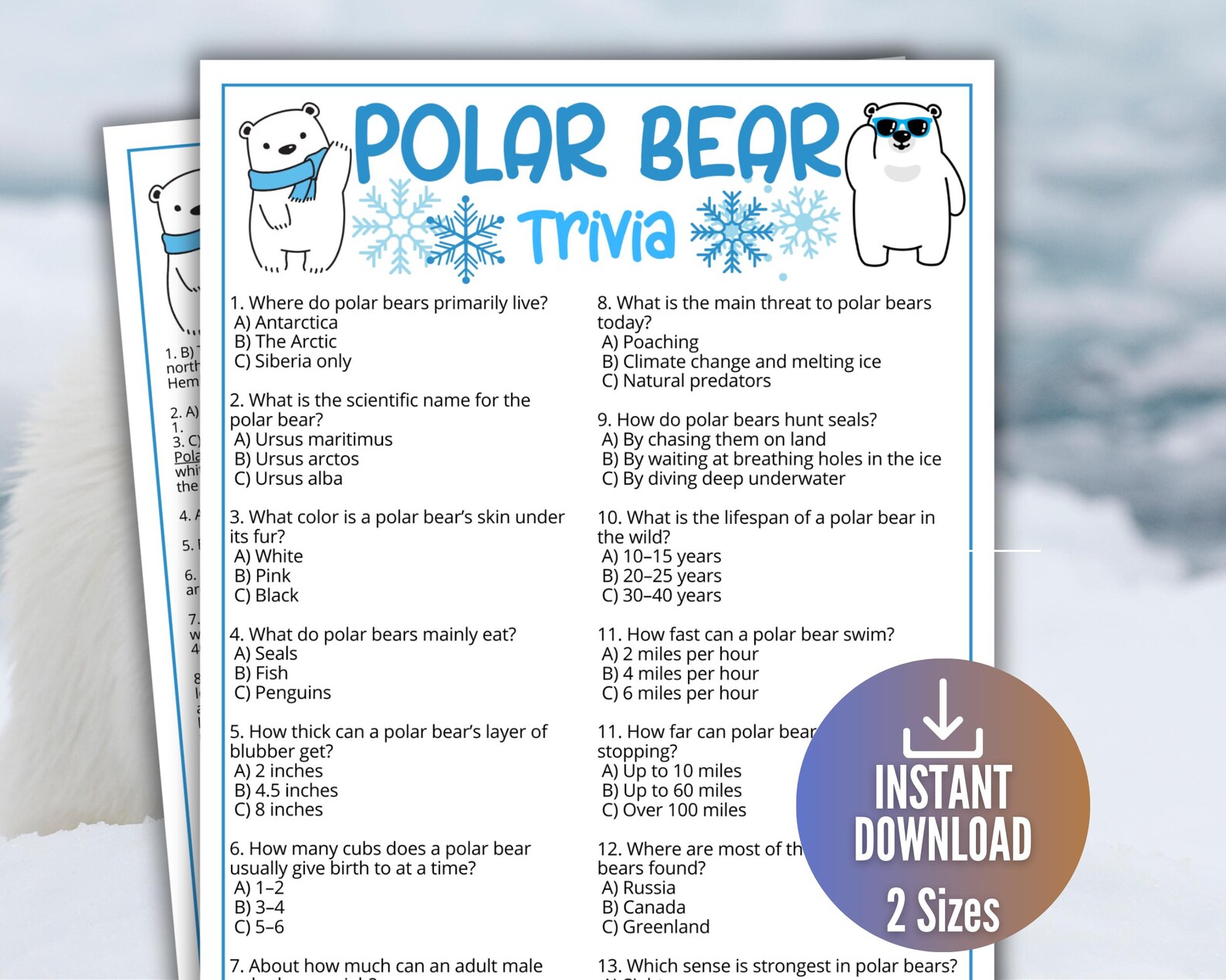 Polar Bear Trivia Game,printable Winter Game for Kids & Adults,polar ...