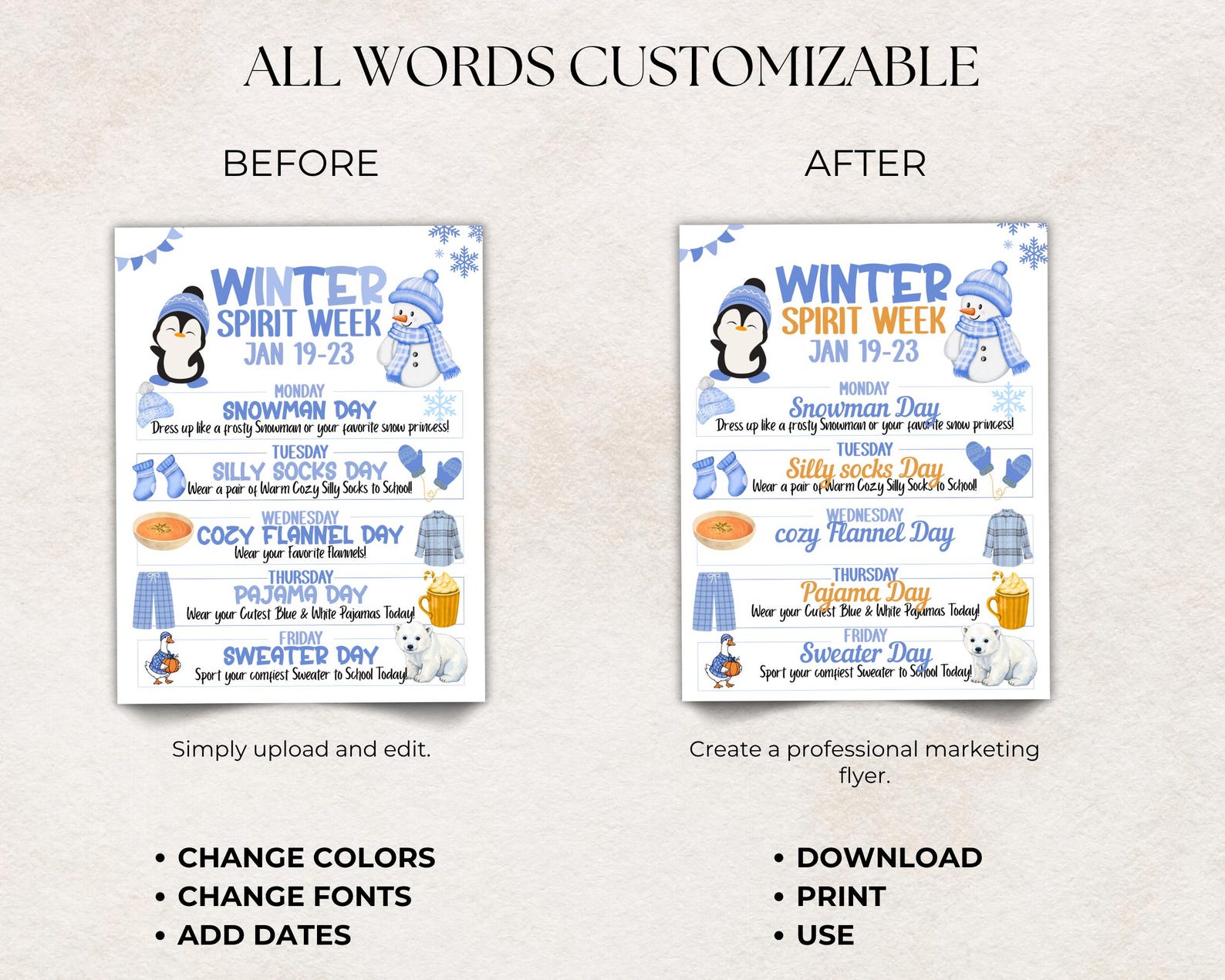 Customizable Winter School Spirit Week Flyer, PTO Schedule, January ...