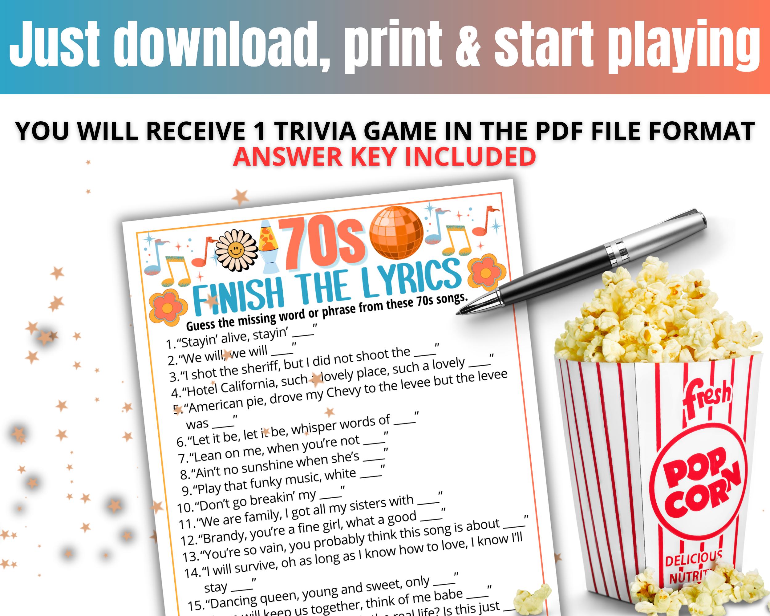 70s Finish the Lyrics Trivia Game, Printable Seventies Music Game for ...