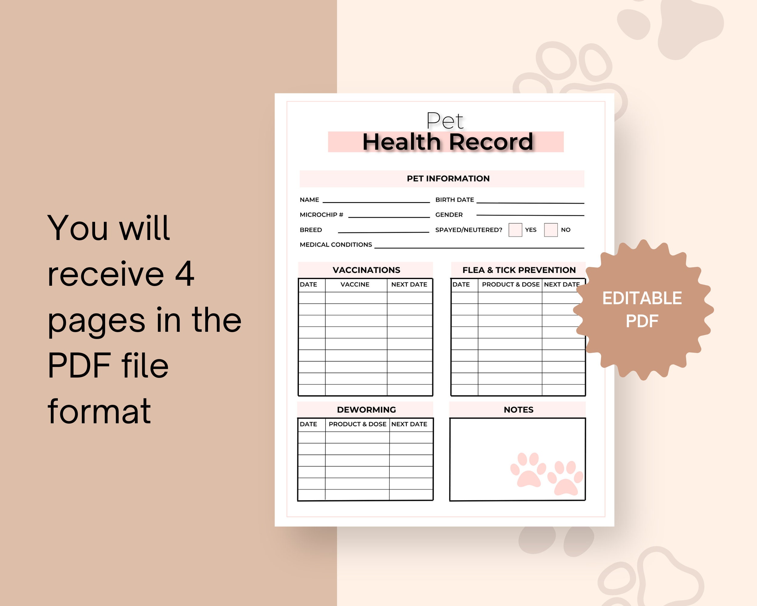 Pet Health Record, Dog Breeder Forms, Dog Owner Template, Editable Dog ...