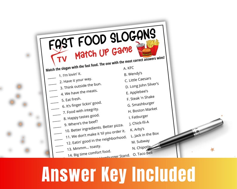 Fast Food Slogan Trivia Game,ad Slogan Match up Quiz,printable TV ...