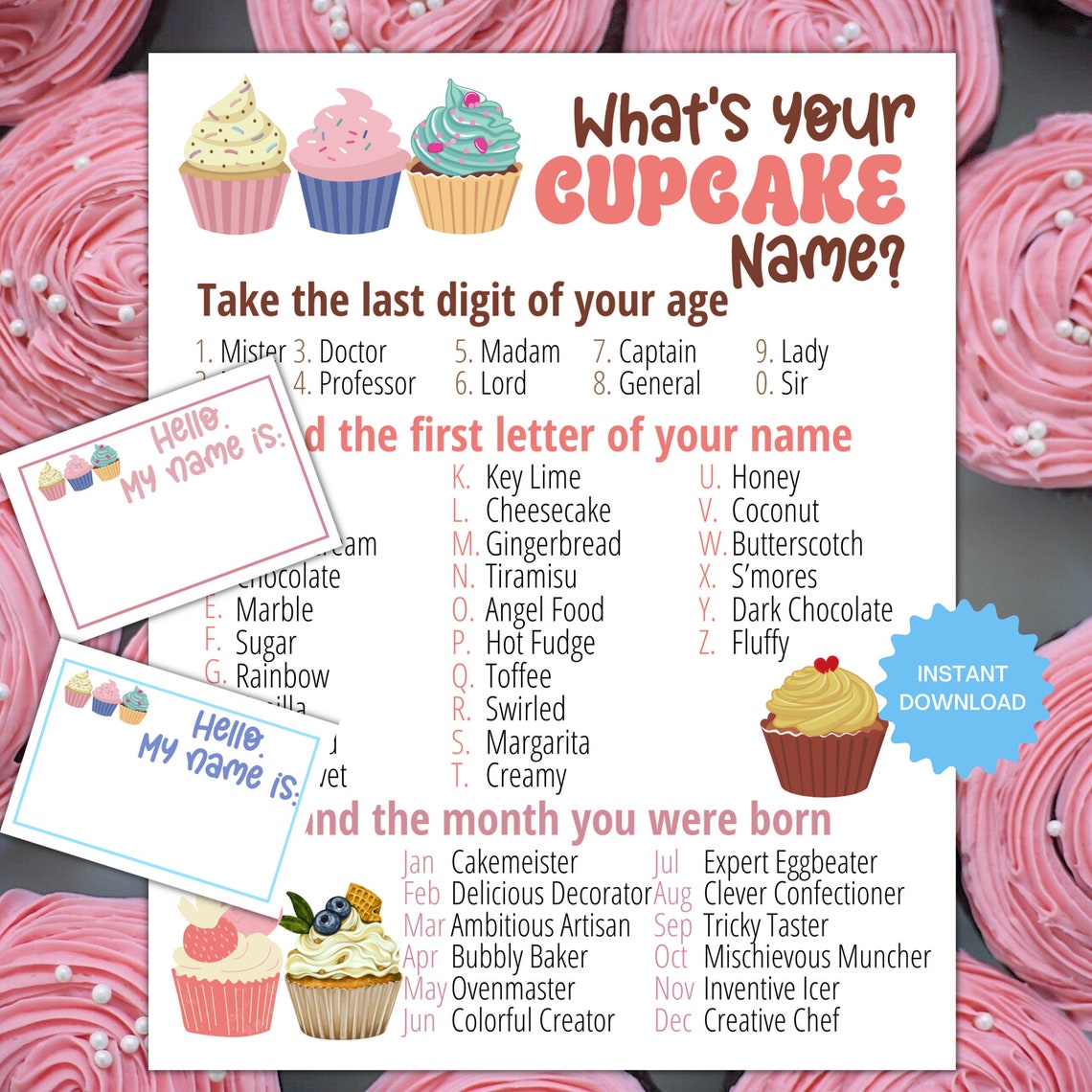 What's Your Cupcake Name Game WITH NAMETAGS + SIGN, Cupcake Birthday ...