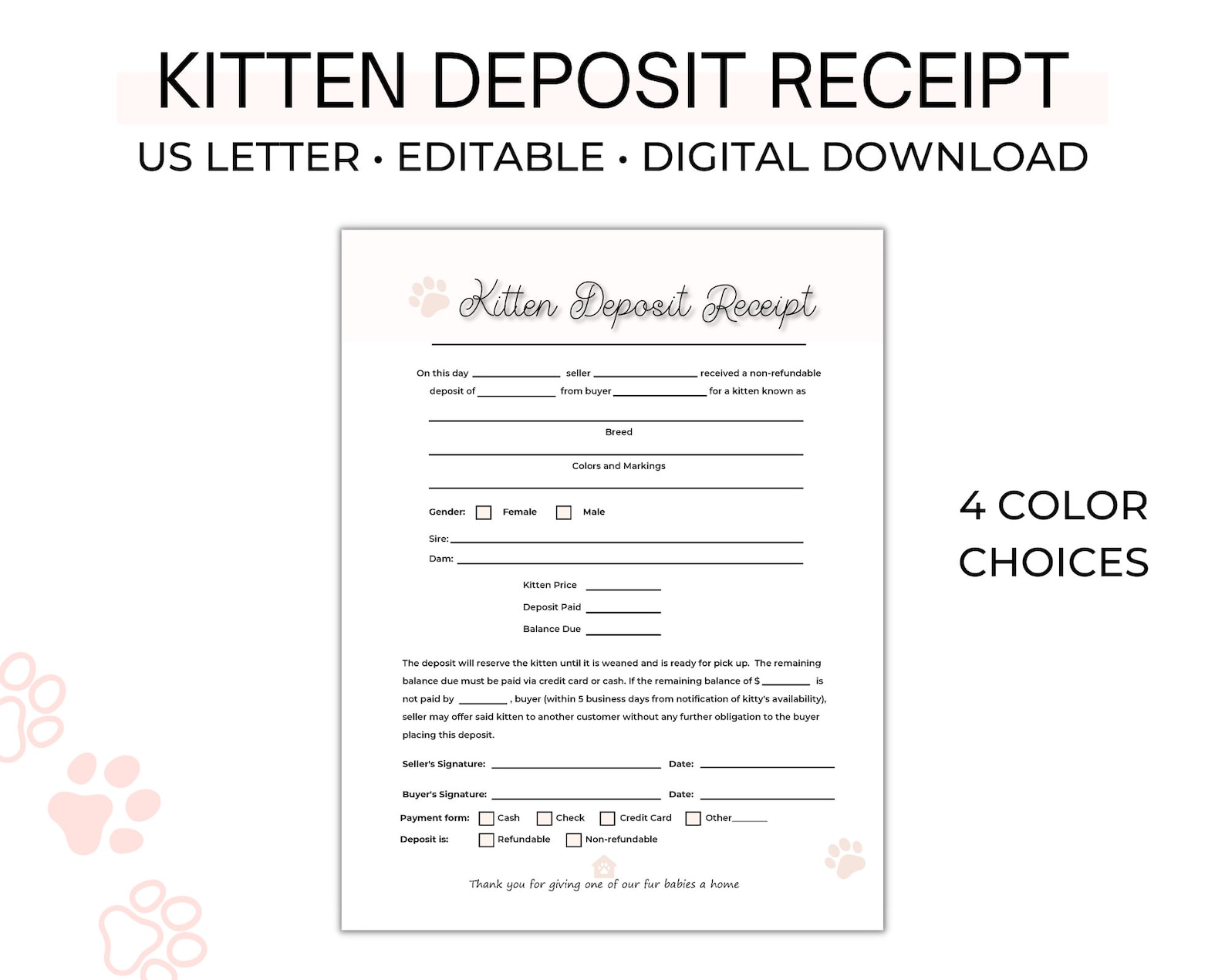 Kitten Deposit Receipt Cat Breeder Forms Printable PDF - Etsy