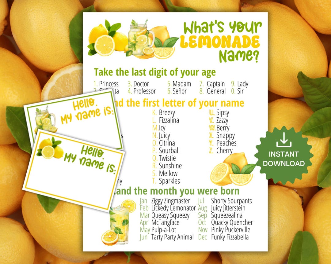 What's Your Lemonade Name Game WITH NAMETAGS + SIGN, Lemon First ...