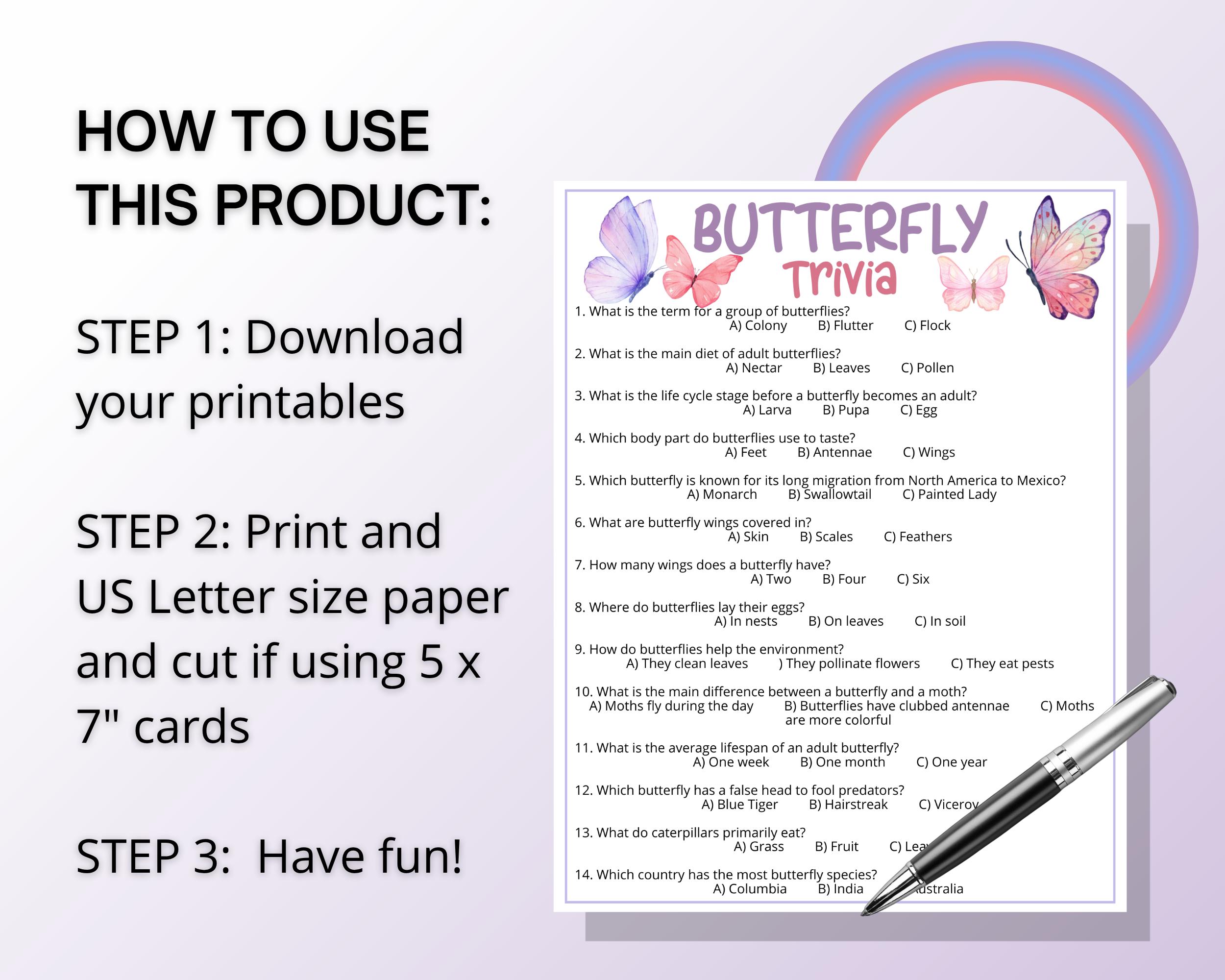 Butterfly Trivia Game, Printable Butterfly Party Game for Kids & Adults ...
