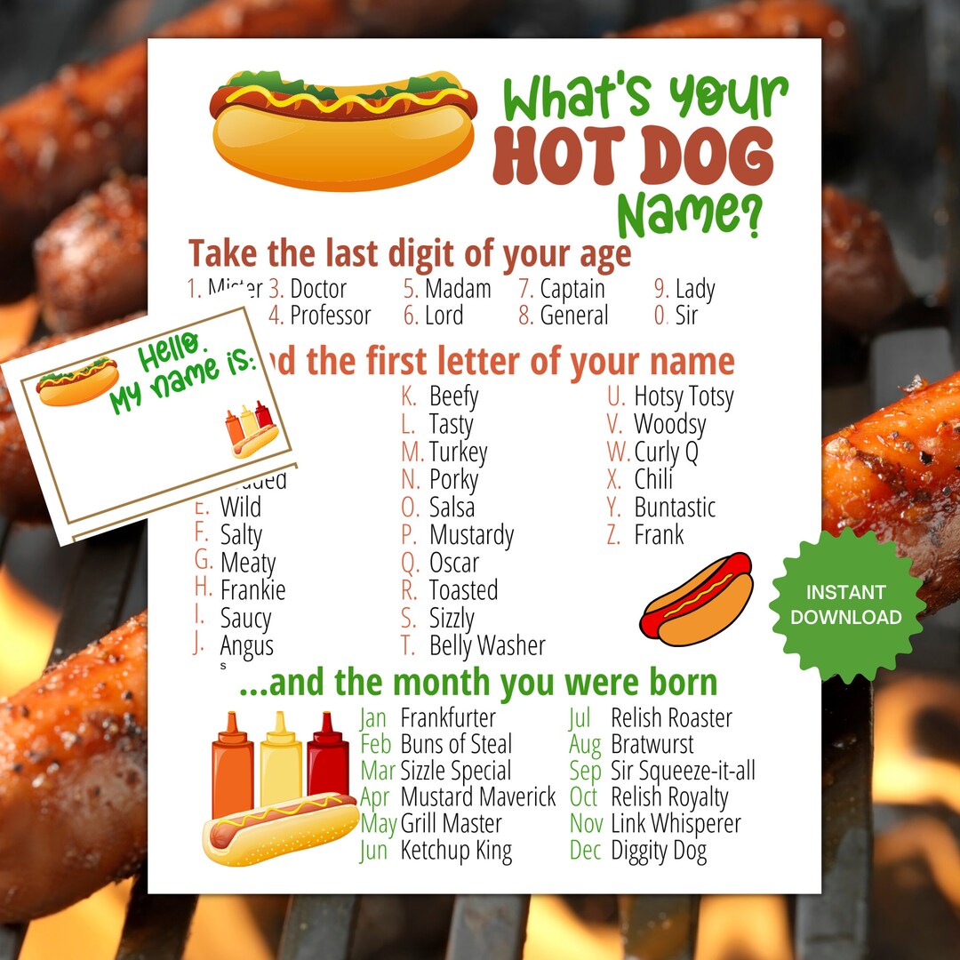 What s Your Hot Dog Name Game With NAMETAGS SIGN Hot Dog Party Game