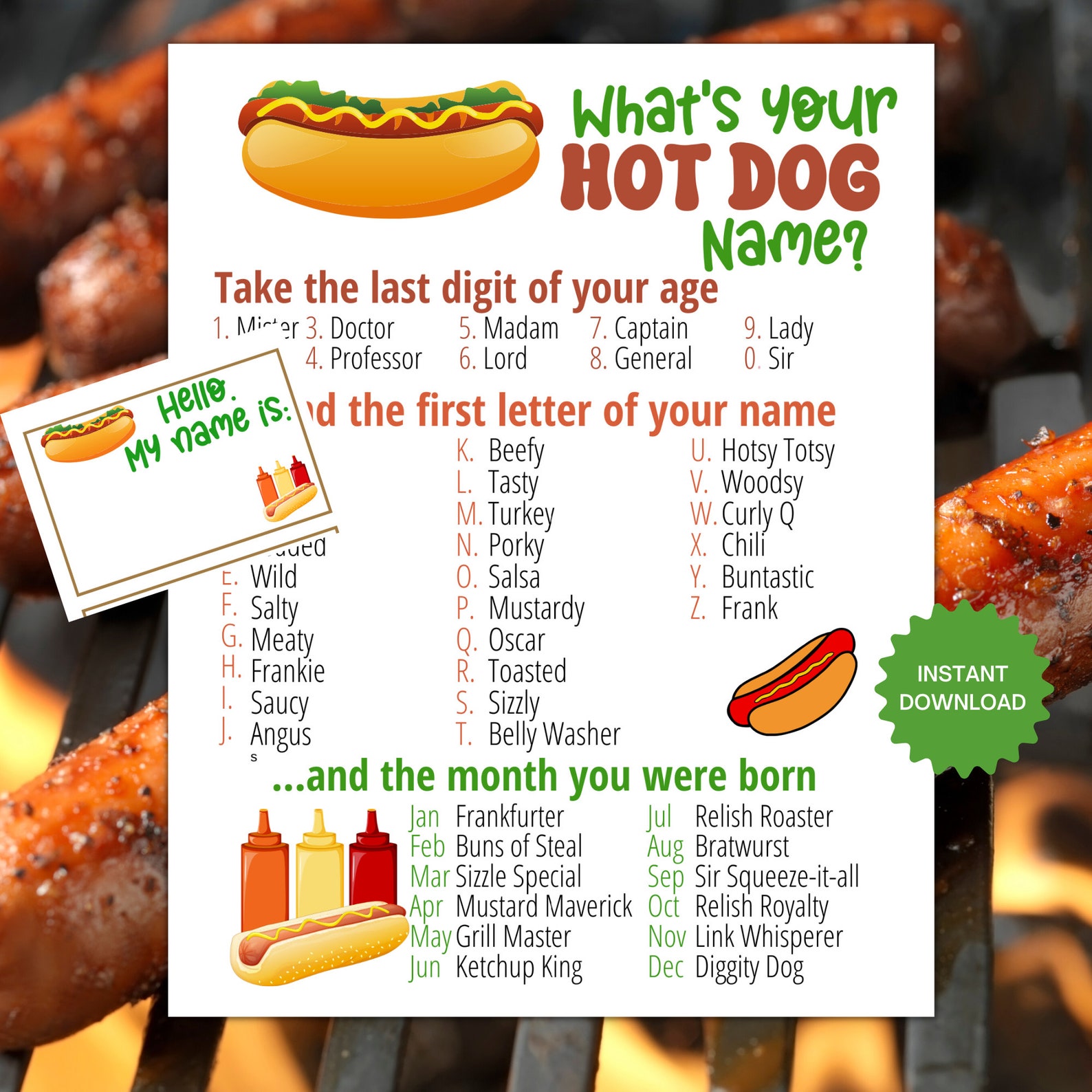 What's Your Hot Dog Name Game With NAMETAGS & SIGN, Hot Dog Party Game ...