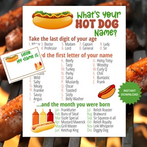 What's Your Hot Dog Name Game With NAMETAGS & SIGN, Hot Dog Party Game ...