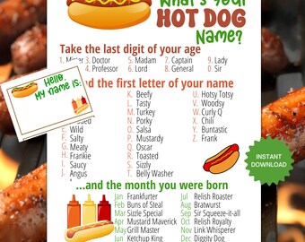 What's Your Hot Dog Name Game With Nametags and Sign Hot - Etsy