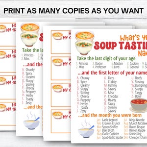 What's Your Soup Tasting Name Game WITH NAMETAGS + SIGN, Comfort Food ...