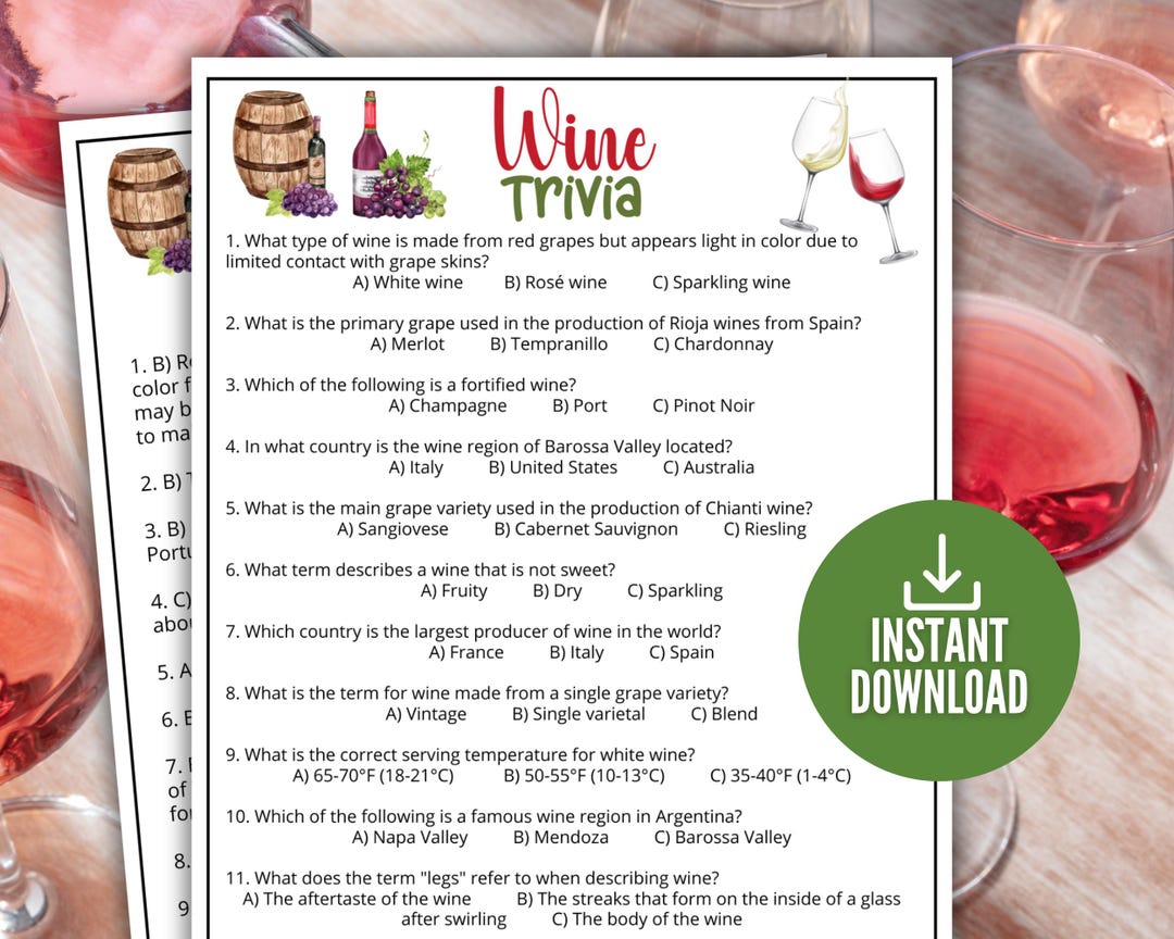 Wine Trivia Game, Printable Wine & Cheese Party Game for Adults, Wine ...