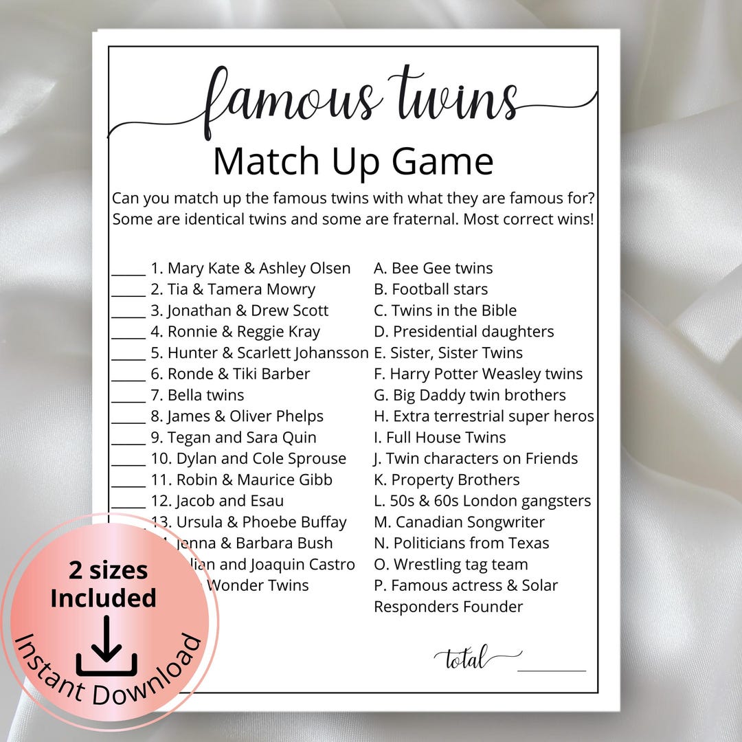 Famous Twins Trivia for Baby Showers, Printable Celebrity Twin Match up ...
