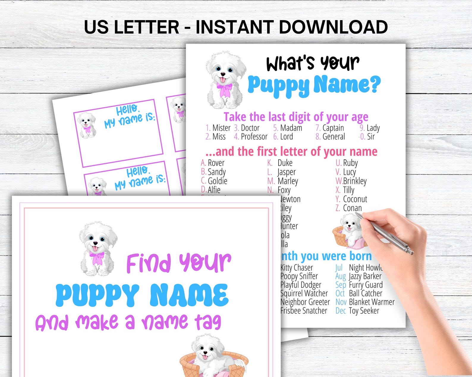 What's Your Puppy Name Game WITH NAMETAGS + SIGN, Puppy Party Game, Dog ...