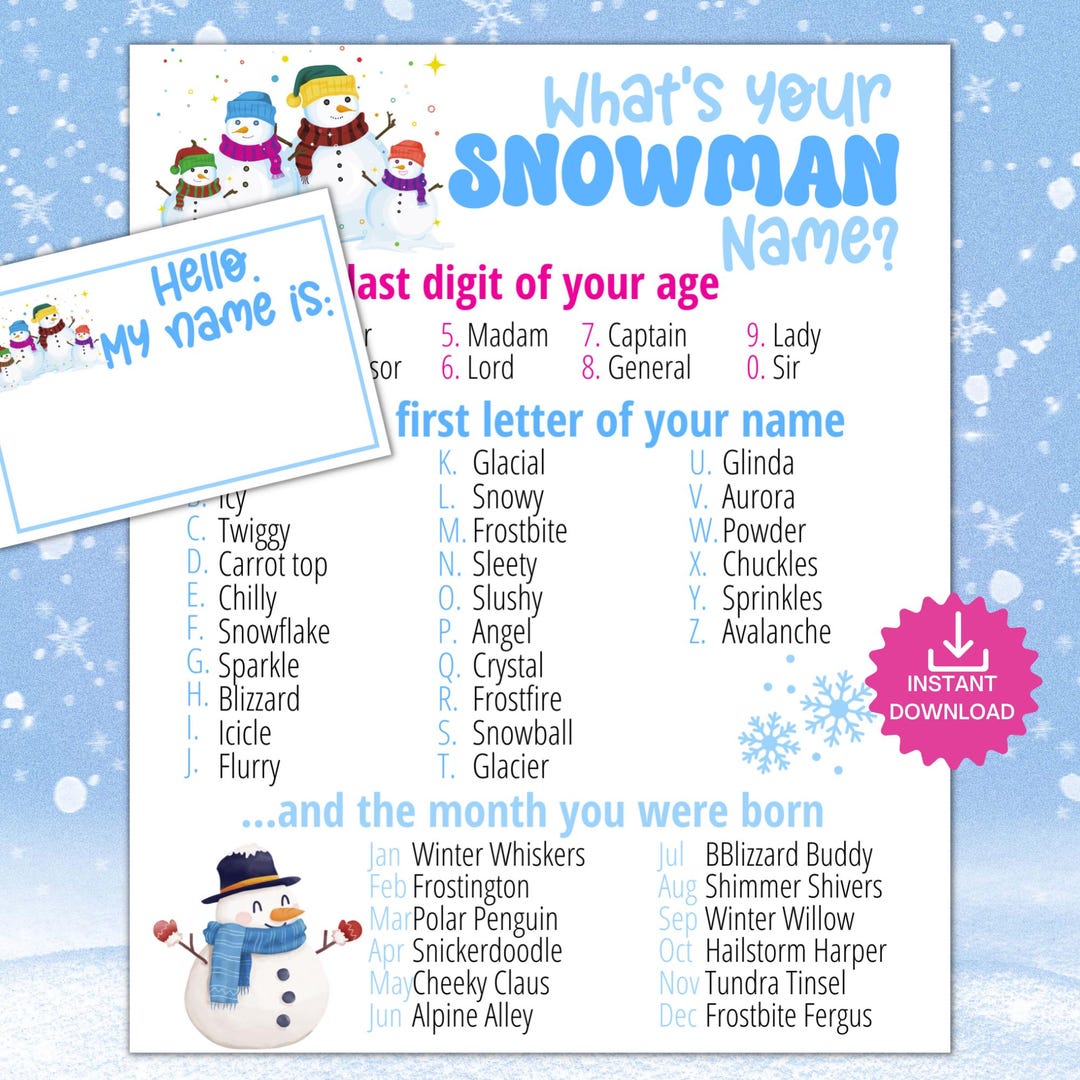 What's Your Snowman Name Game WITH NAMETAGS + SIGN, Winter Christmas ...
