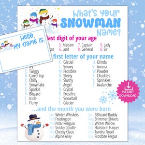 What's Your Snowman Name Game WITH NAMETAGS + SIGN, Winter Christmas ...