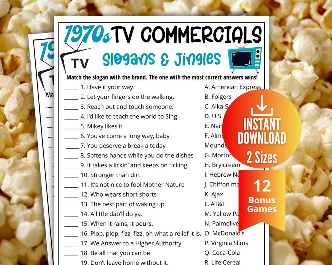 1970s Slogan Trivia Game, 70s Ad Slogans Jingles, TV Commercial Match ...
