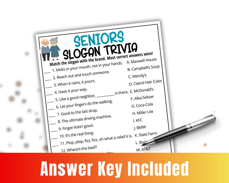 Senior Slogan Trivia Game, Ad Slogan Match up Quiz, Printable TV ...