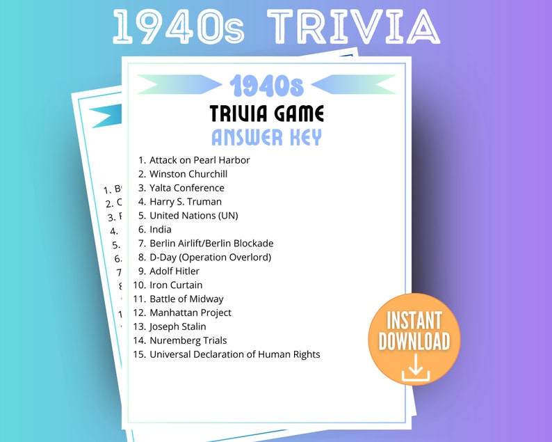 1940s Decade Trivia Game, Trivia Questions, 40s Trivia Quiz, 1960s ...