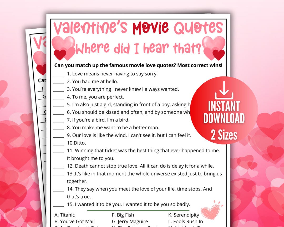 Valentine's Day Movie Quote Trivia Game, Rom Com Movie Quotes ...