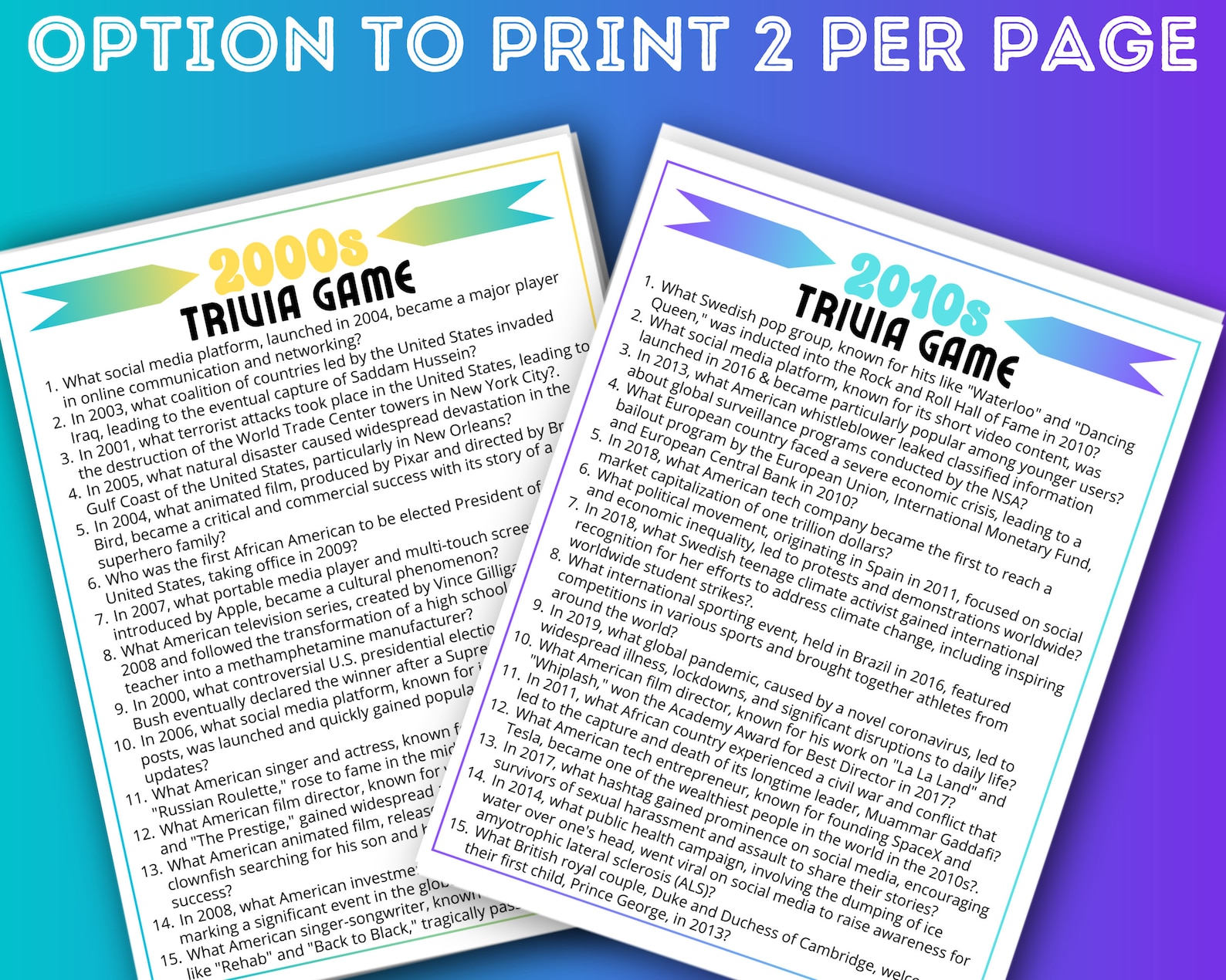 Decades Trivia Game Bundle, Trivia Questions 20s, 30s, 40s, 50s, 60s ...