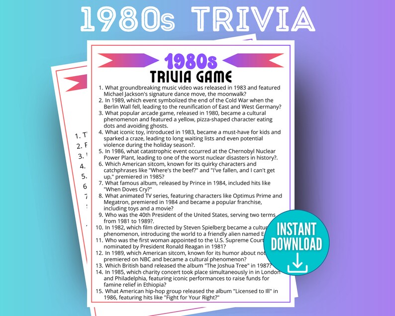 1980s Decade Trivia Game, Trivia Questions, 80s Trivia Quiz, 1980s ...