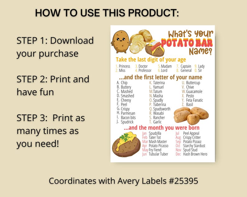 What's Your Potato Bar Name Game WITH NAMETAGS +sign,baked Potato Bar ...