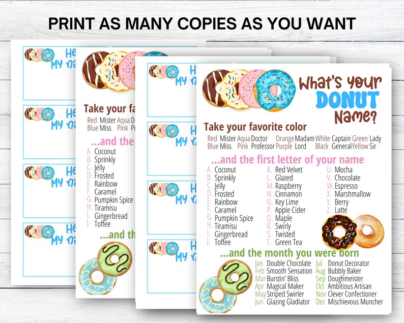 What's Your Donut Name Game WITH NAMETAGS + SIGN, Donut Party Game ...